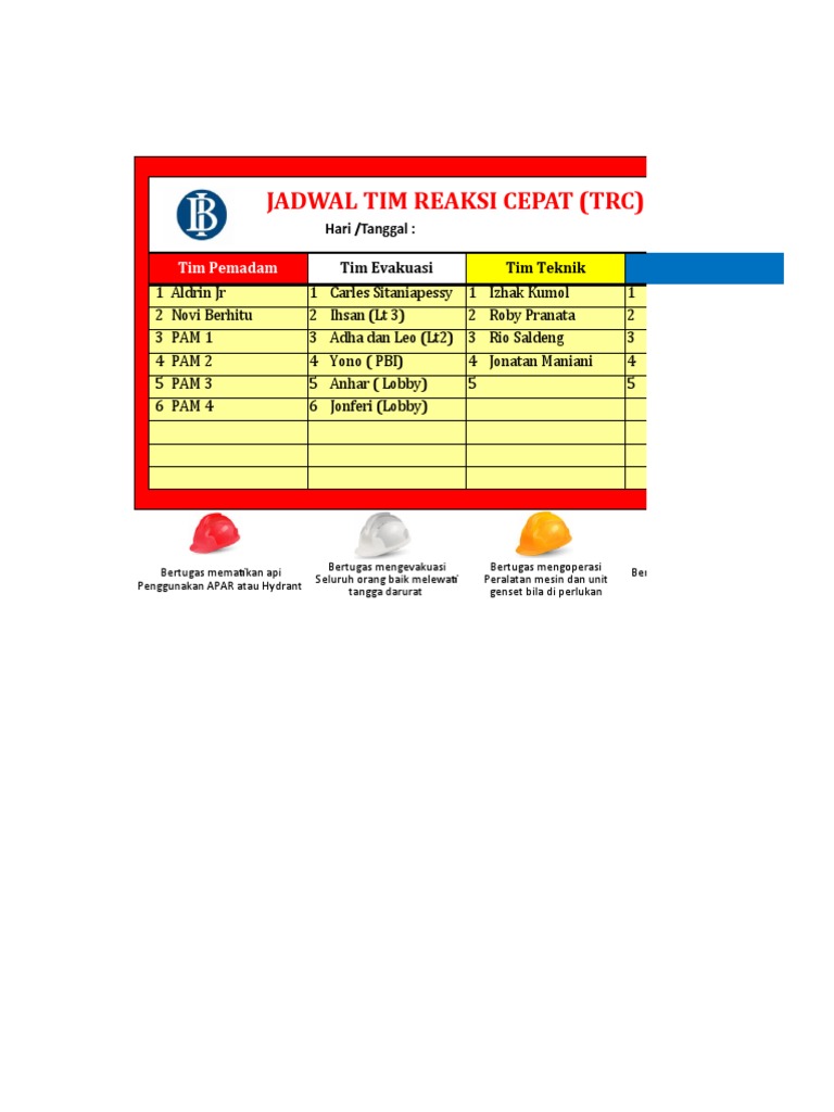 Jadwal Tim Reaksi Cepat (TRC) : Tim Pemadam Tim P3K | PDF