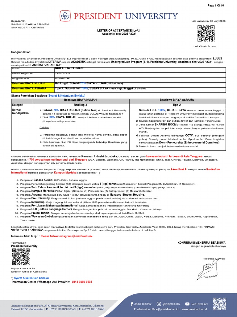 Biaya dan Contoh LOA President University | PDF