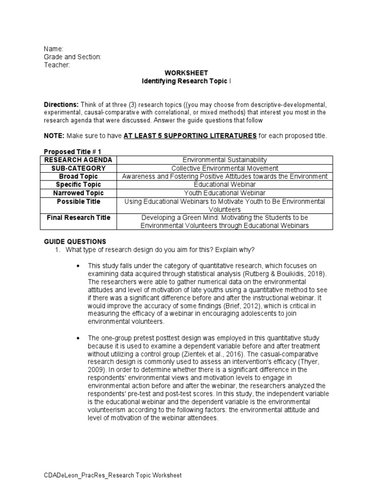 PRACRES Identfying Research Topic Worksheet 1 | PDF | Climate Change ...