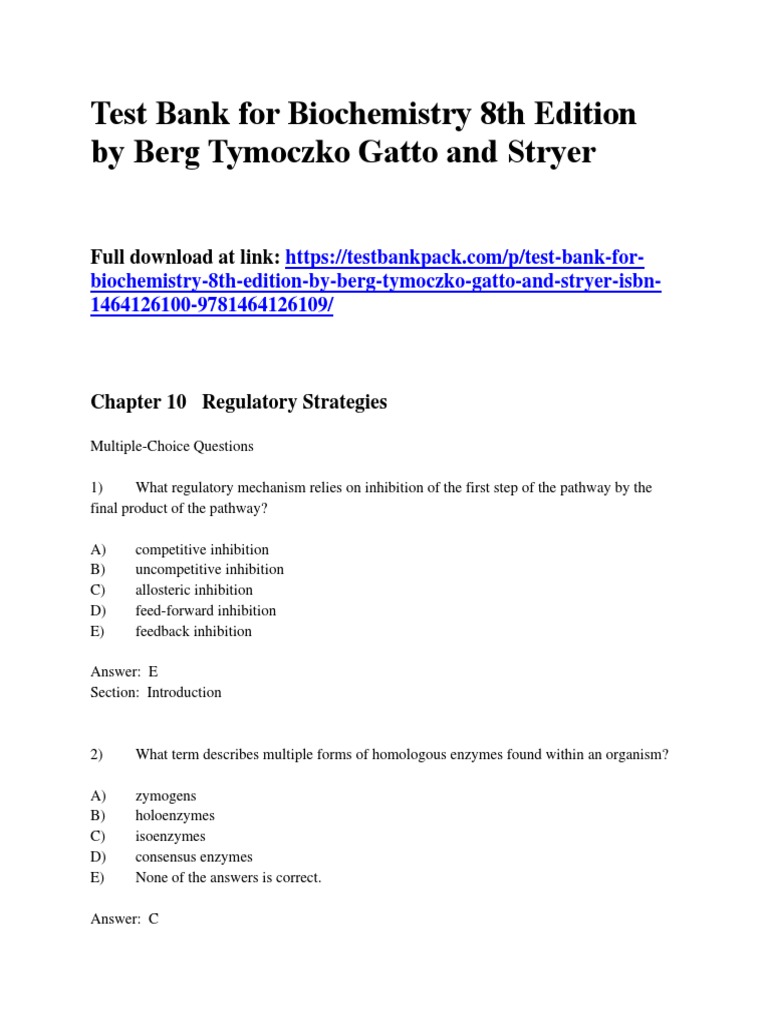 Biochemistry 8th Edition Berg Test Bank Download | PDF
