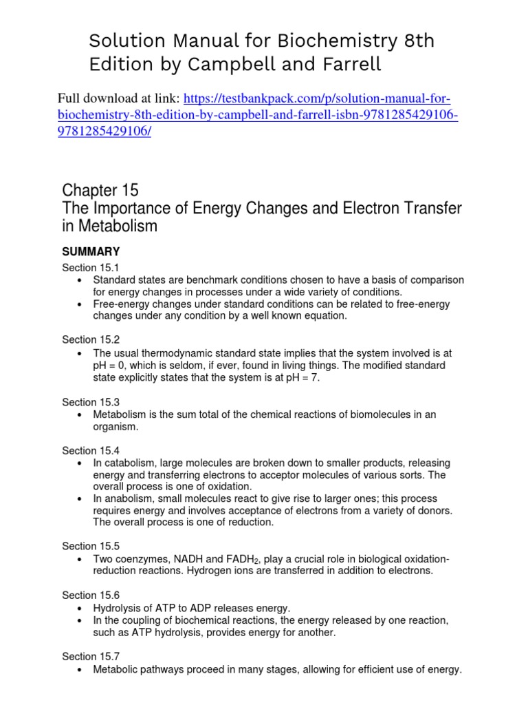 Biochemistry 8th Edition Campbell Solutions Manual Download | PDF
