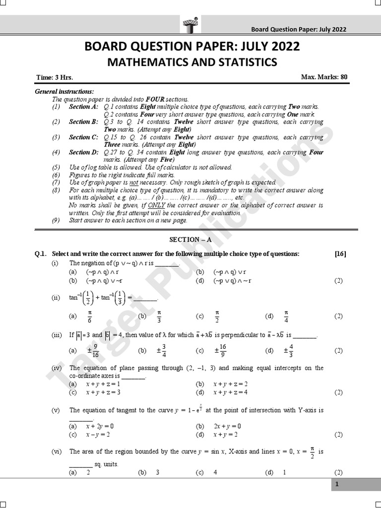 Mathematics July 2022 STD 12th Science HSC Maharashtra Board Question ... Mathematics July 2022 STD 12th Science HSC Maharashtra Board Question ...
