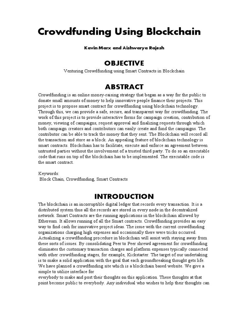 Crowdfunding Using Blockchain by Aishwarya and Kavin | PDF