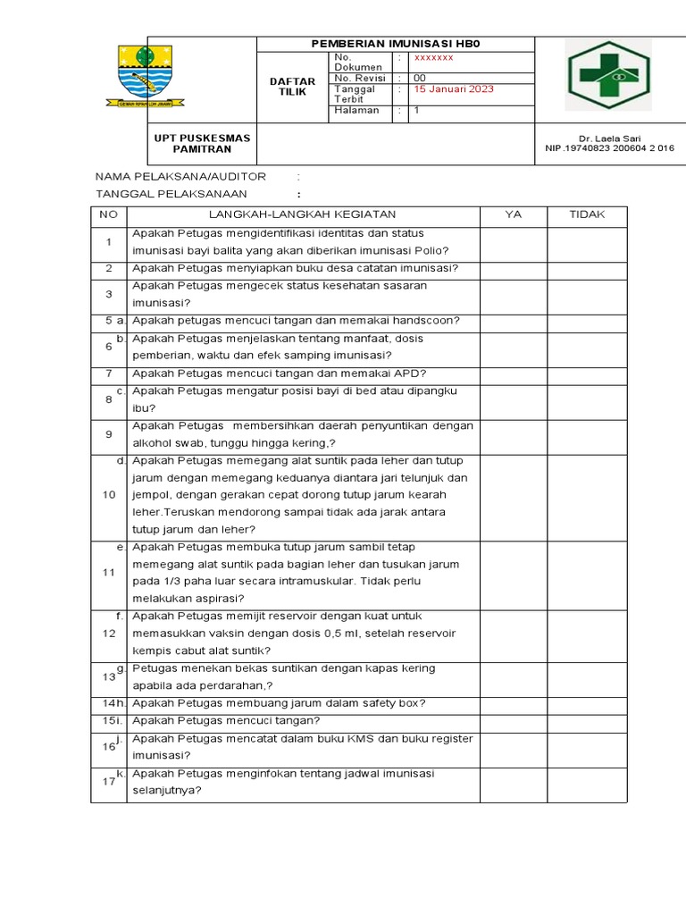 Daftar Tilik SOP IMUNISASI HB0 | PDF | Sains & Matematika