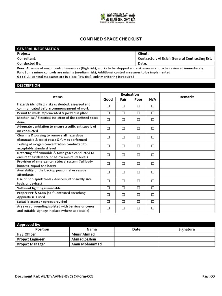 Confined Space Checklist | PDF | Workplace | Working Conditions