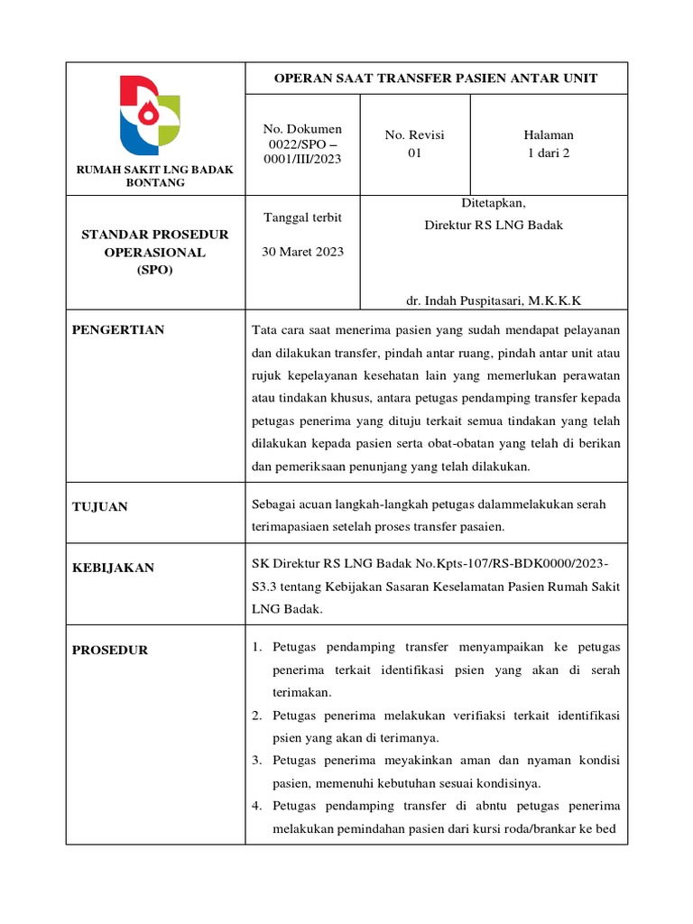 Sop Operan Saat Transfer Pasien Antar Unit | PDF | Hukum | Teknologi & Rekayasa