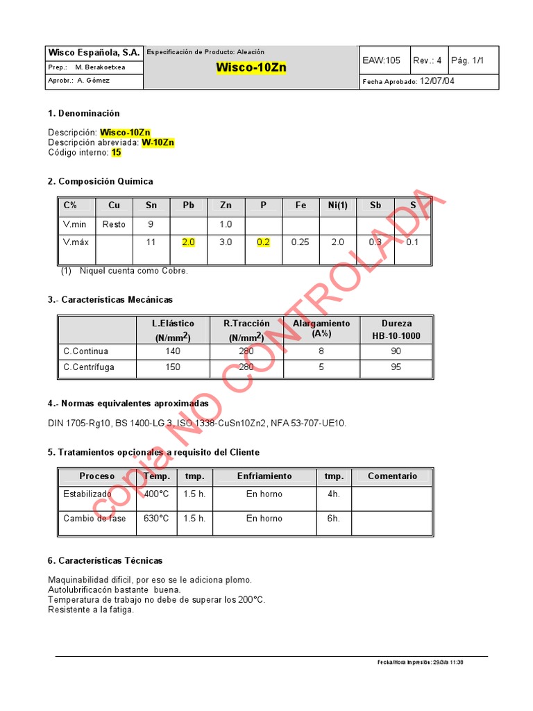 ESPECIFICACION BRONCE Eaw105 - W-10Zn - ES - R04-1 | PDF