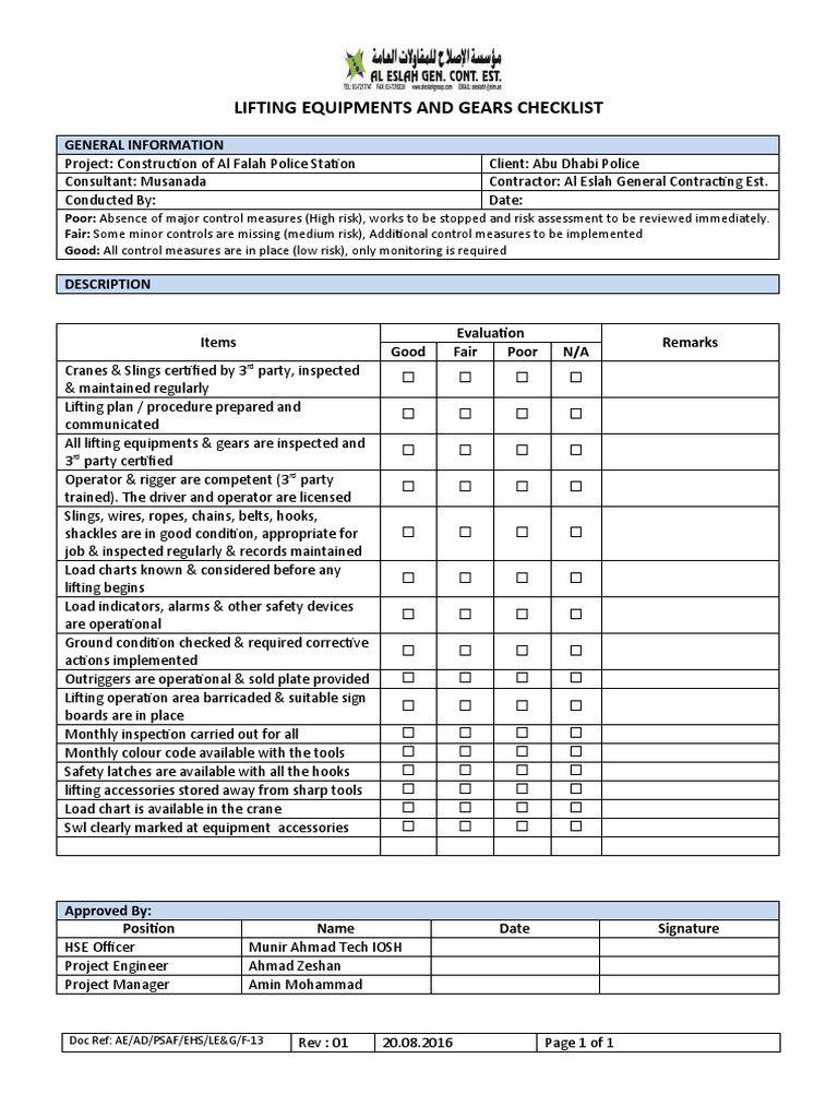 Lifting Equipments and Gears Checklist | PDF | Crane (Machine)