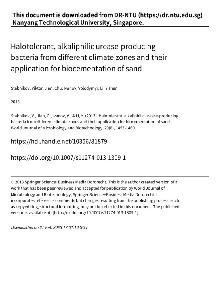 Halotolerant, Alkaliphilic Urease-Producing Bacteria From Different ...