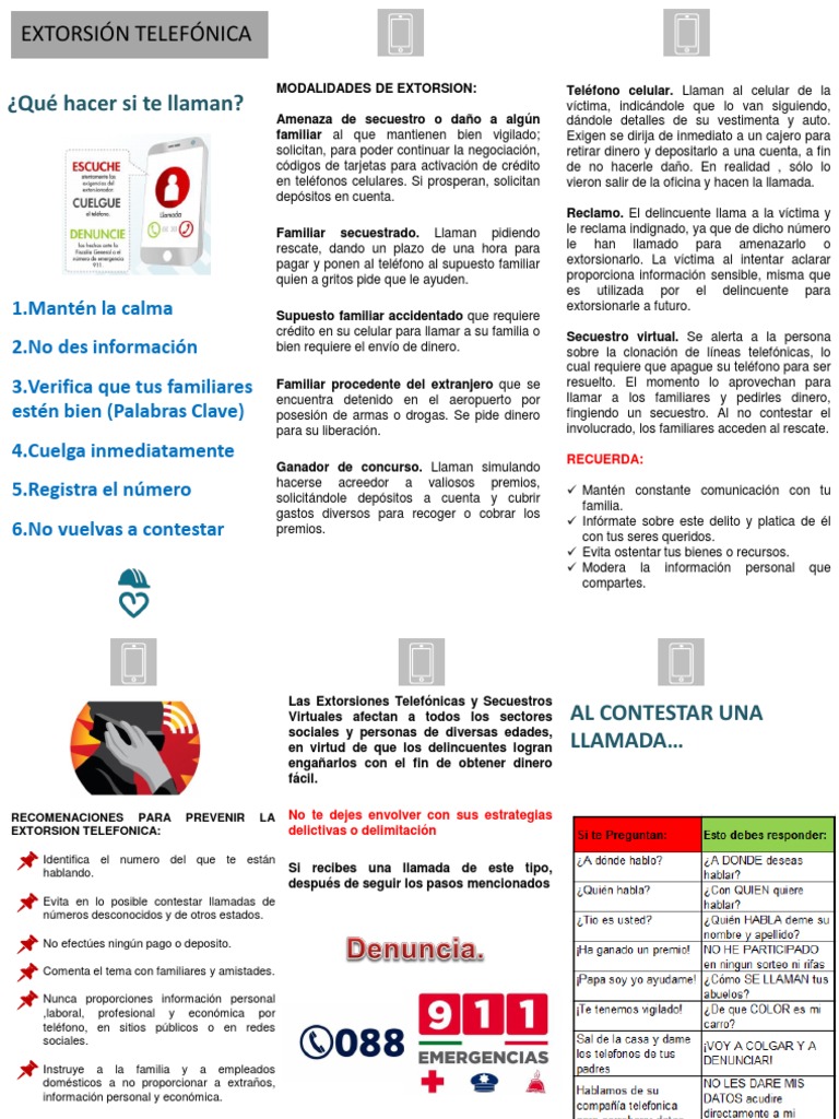 Triptico - Que Hacer Ante Una Llamada de Extorsión | PDF | Secuestro ...