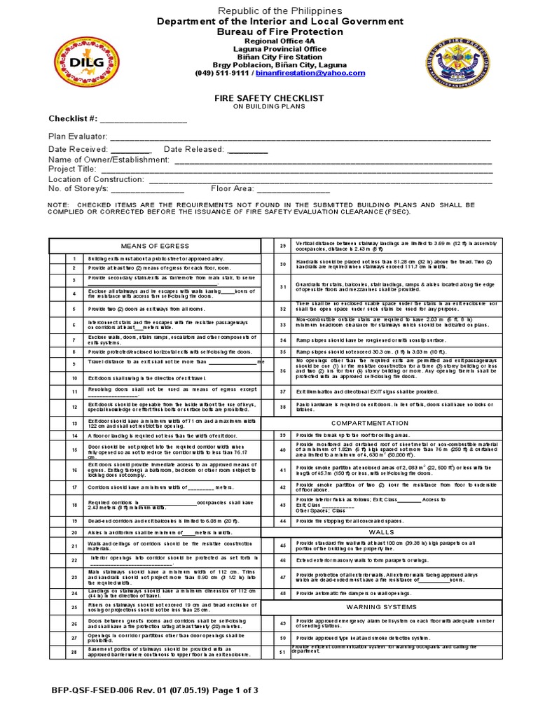 05 FSED 006 Fire Safety Checklist Rev01 070519 | PDF