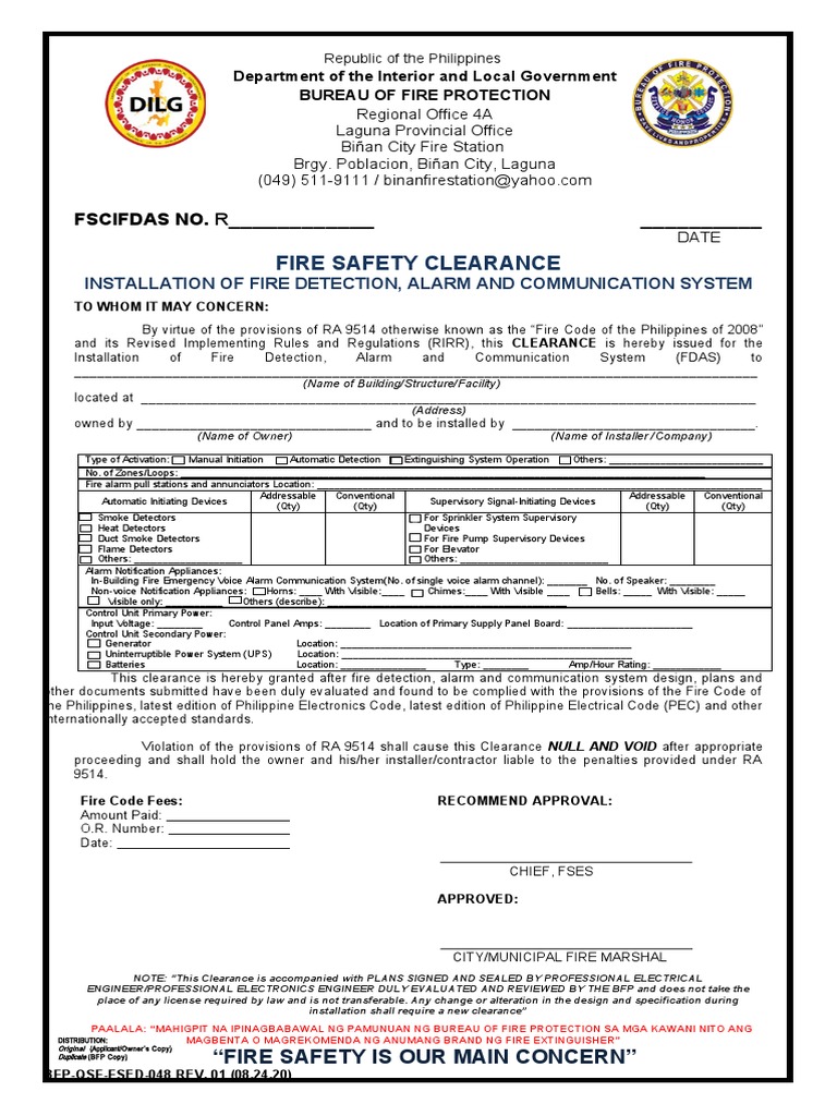 43 FSED 048 Fire Safety Clearance For Installation of Fire Detection Alarm Communication System ...