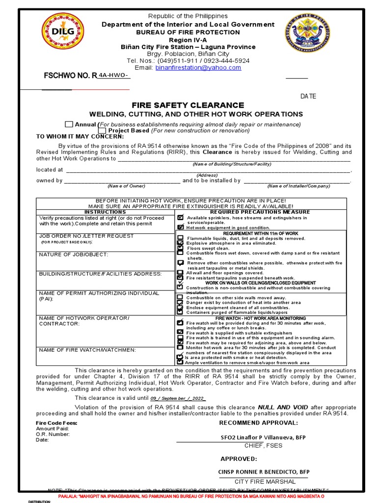 Fire Safety Clearance for Hot Work | PDF | Fires | Fire Safety