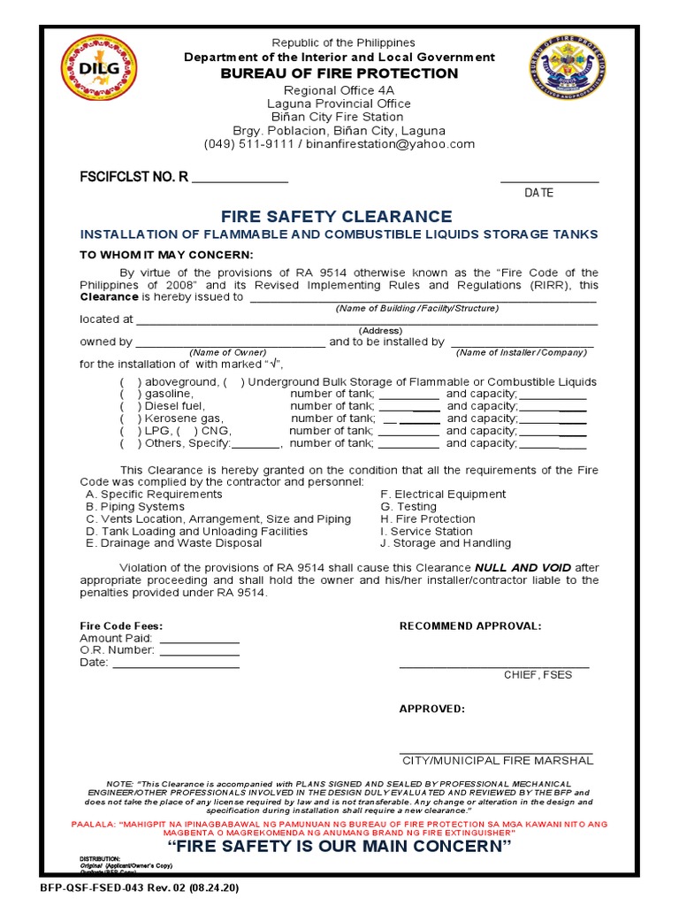 39 FSED 043F Fire Safety Clearance Installation of Flammable and ...