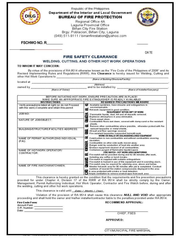 30 FSED 34F Fire Safety Clearance For Hot Works Operation Rev02 | PDF | Fire Safety | Fires