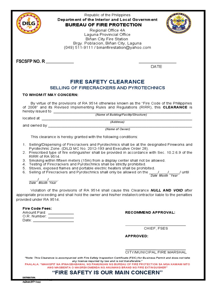 42 FSED 47F Fire Safety Clearance For Selling of Fire Crackers and ...