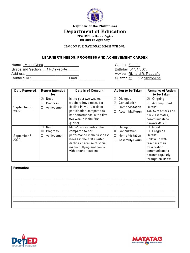 LEARNER’S NEEDS, PROGRESS AND ACHIEVEMENT CARDEX-depedtambayan-1 | PDF