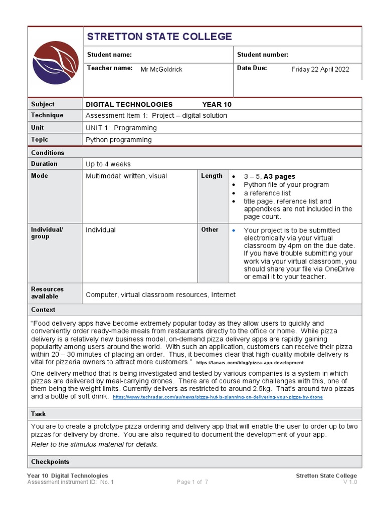 Digital Tech Yr 10 2021 Assess Item 1 Task Sheet | PDF