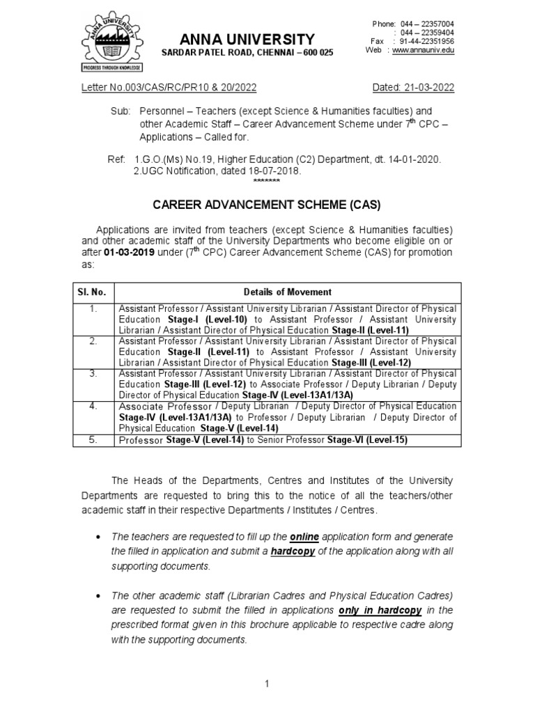 CAS - Call For - 7th CPC - 2022 - AU - Chennai | PDF