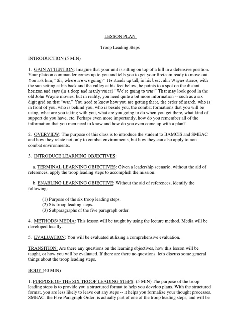 Troop Leading Steps Lesson Plan | PDF | Reconnaissance | Military ...