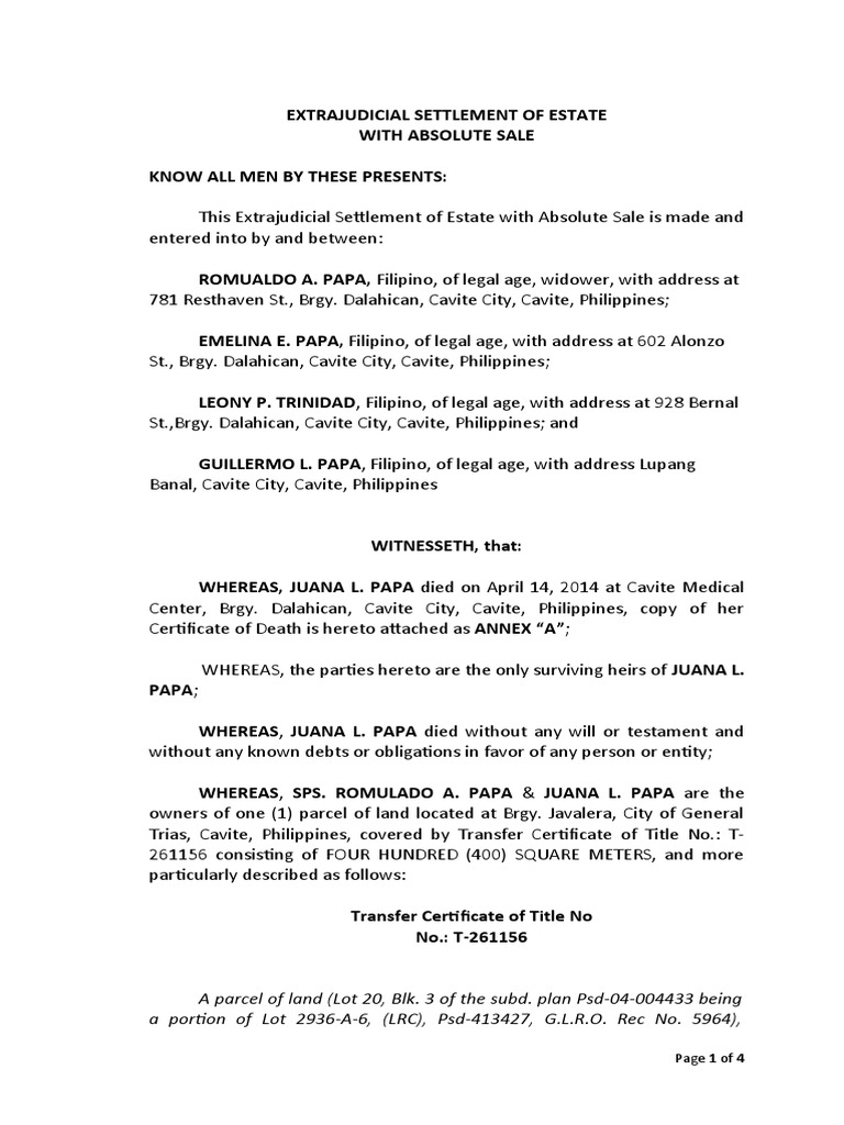 Extrajudicial Settlement Poniente | PDF | Civil Law (Legal System) | Natural Resources Law