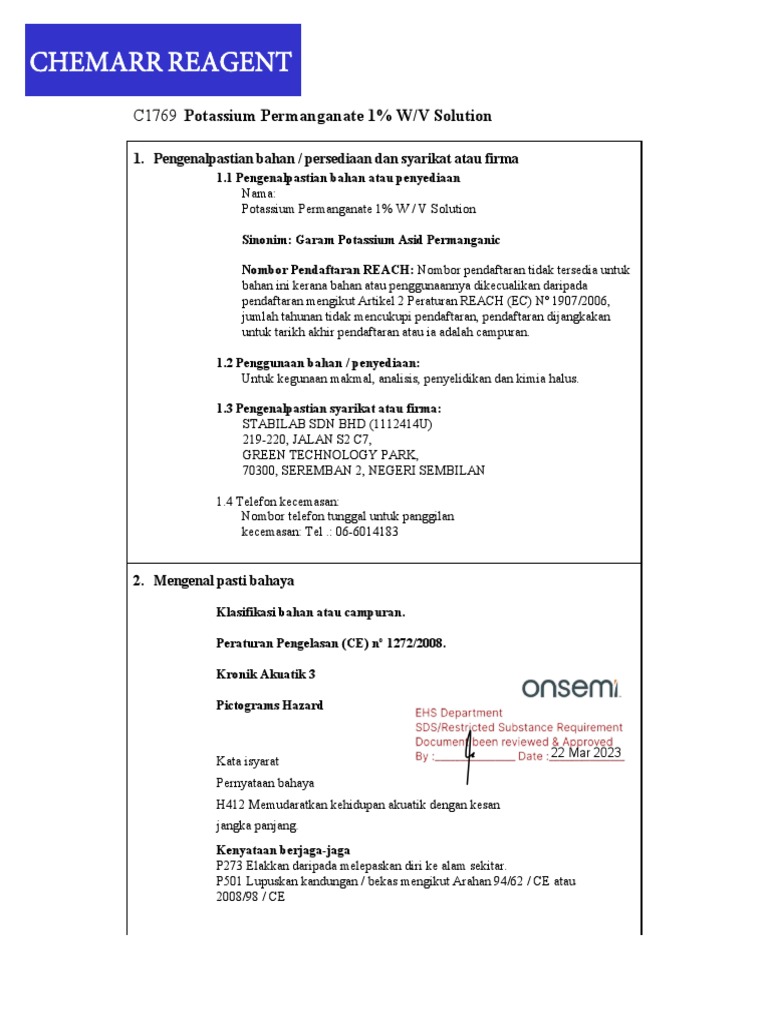 Potassium Permanganate 1% Solution Sds BM 2022 - Approve | PDF