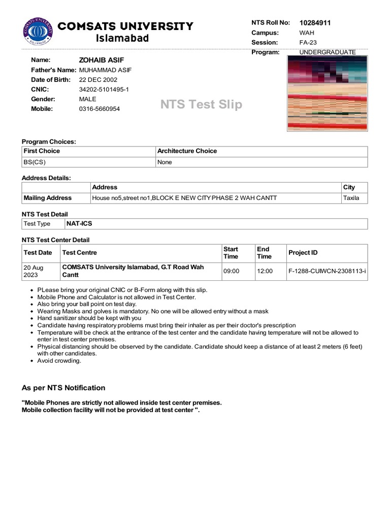 Comsats Roll No Slip | PDF