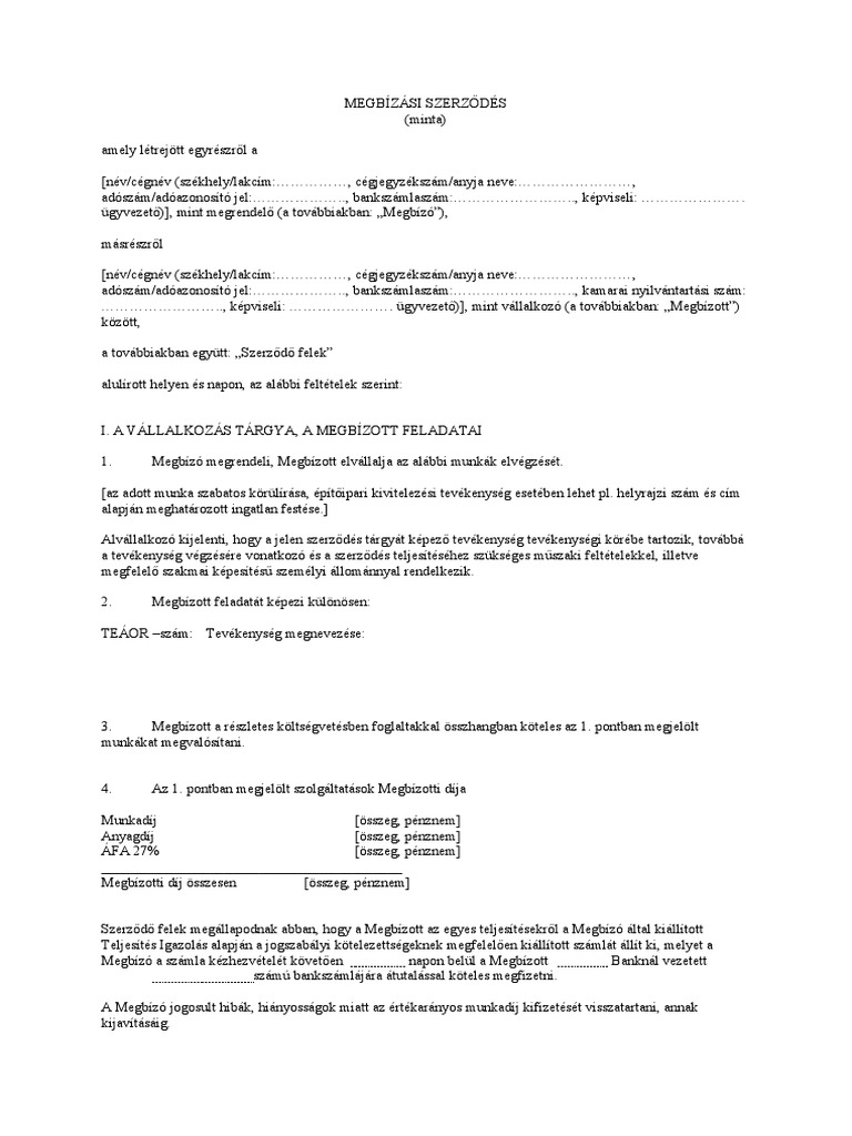 Megbízási Szerződés Minta Jövedelemszerzés | PDF