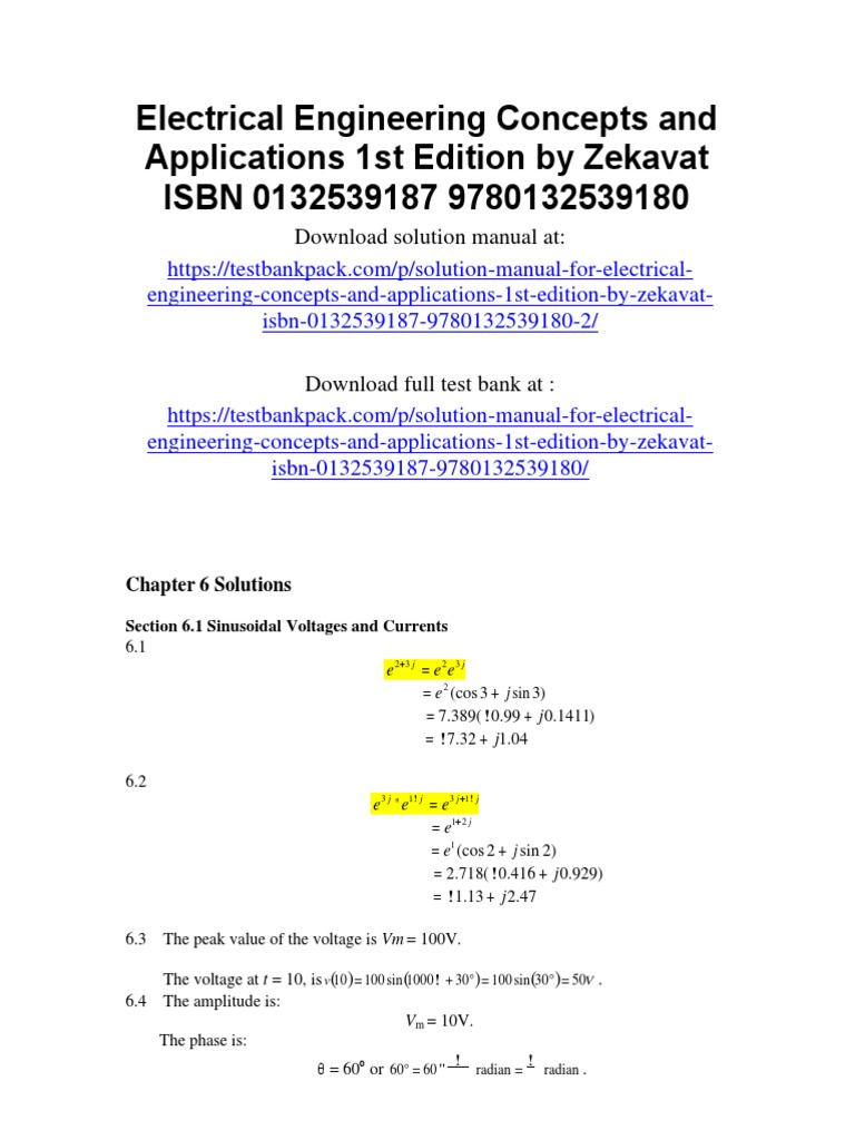 Electrical Engineering Concepts and Applications 1st Edition Reza Zekavat Solutions Manual 1 | PDF