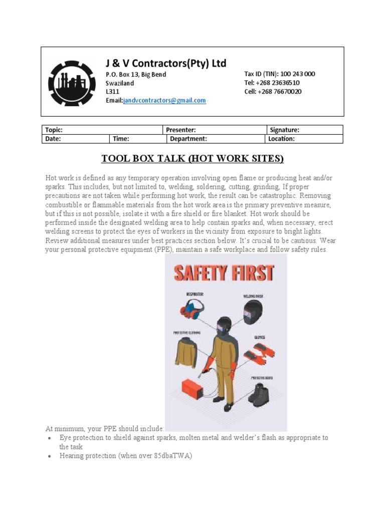 Hot Work Procedures and Tool Box Talk | PDF | Welding | Construction