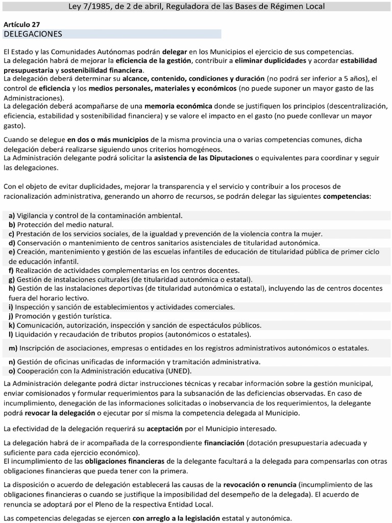 Ley 7-1985 de Régimen Local. Art.27 Delegaciones | PDF