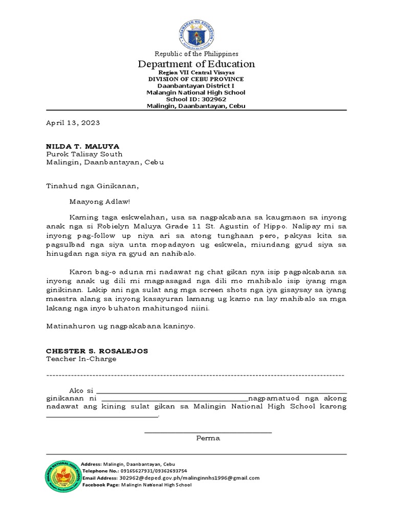 Letter To Parents | PDF