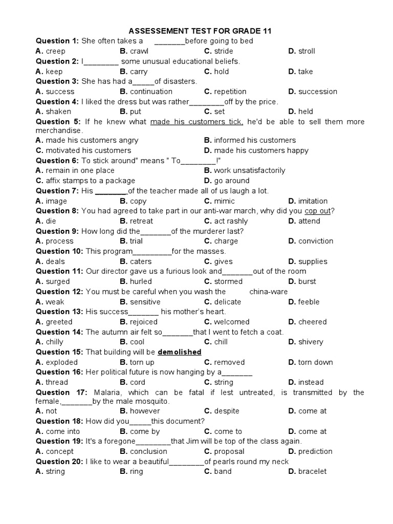 Grade 11 English Assessment Test | PDF