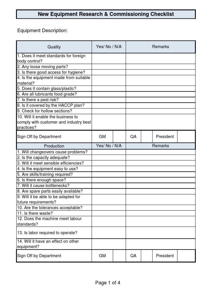 New Equipment Research & Commissioning Checklist | PDF