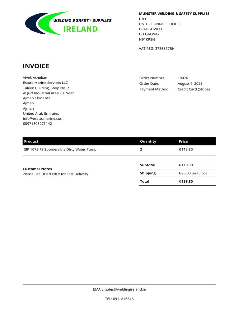 Submersible Pump Invoice-18076 | PDF