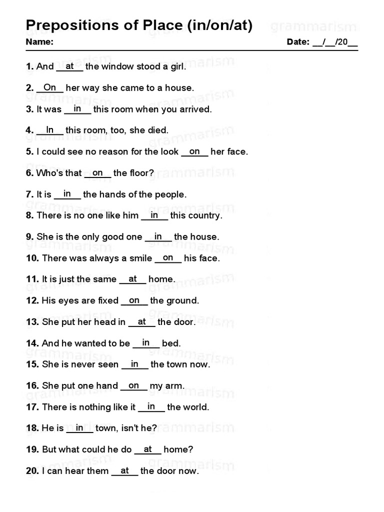 Grammarism Prepositions of Place Test 1 Solved 19404190 | PDF