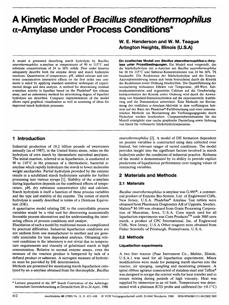 A Kinetic Model of Bacillus Stearothermophilus A-Amylase Under Process ...