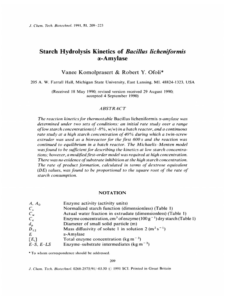 Starch Hydrolysis Kinetics of Bacillus Licheniformis A - Amylase | PDF ...