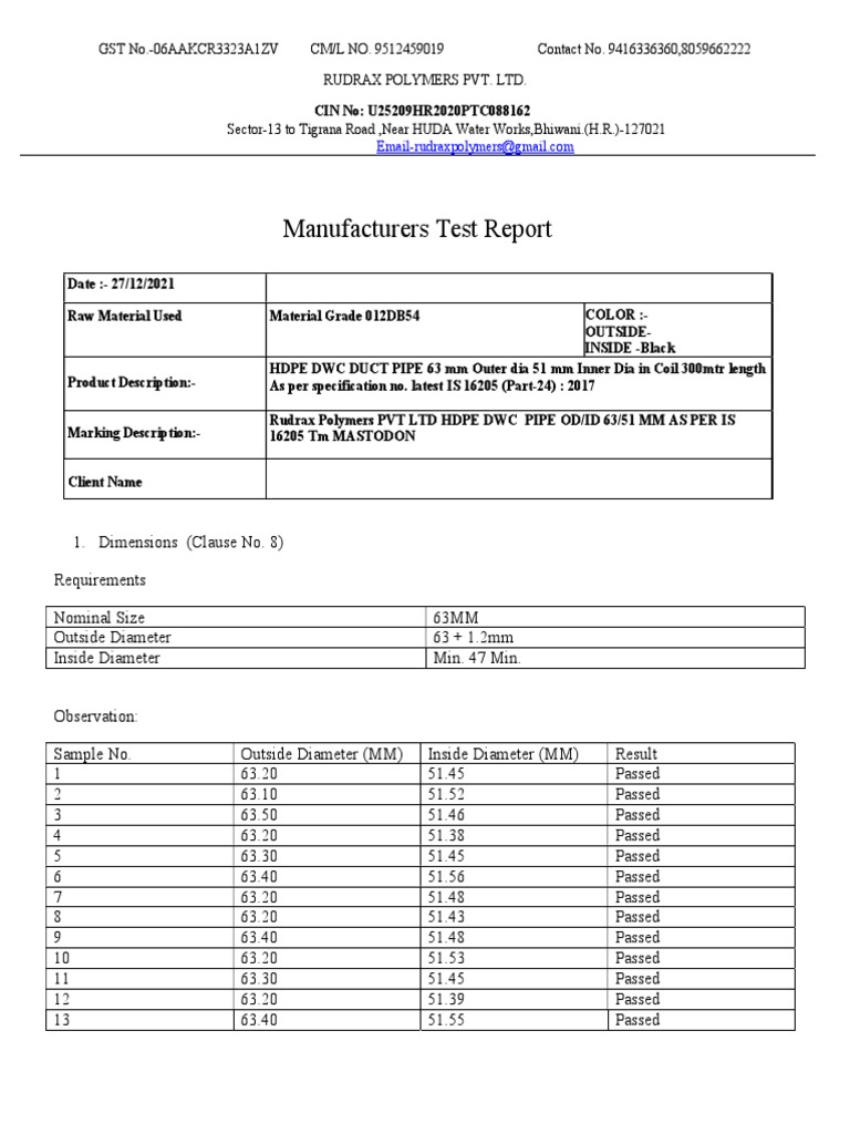 Test Report 63Mm | PDF | Pipe (Fluid Conveyance) | Fracture