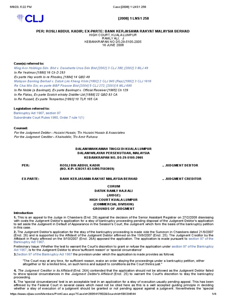 Case Rosli Abdul Kadir (2008) 1 LNS1 258 | PDF