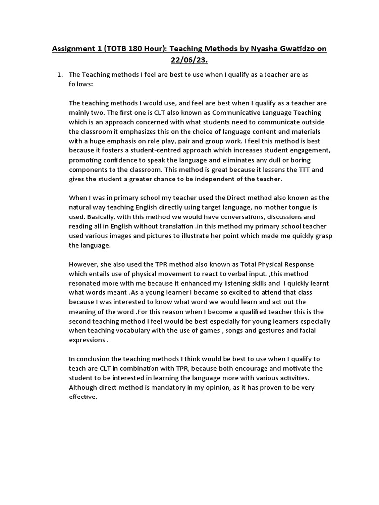 Assignment 1 Teaching Methods (TOTB 140 HOUR TEFL) | PDF