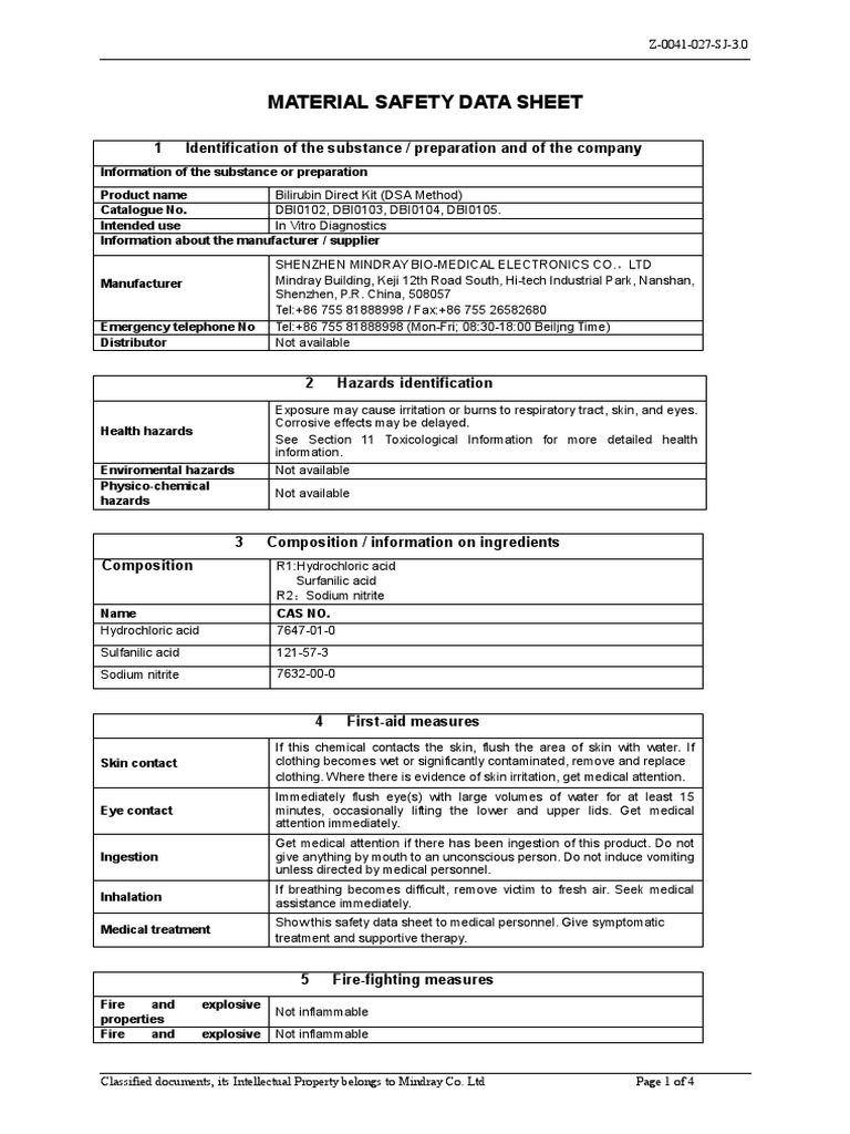 Material Safety Data Sheet: 1 Identification of The Substance / Preparation and of The Company ...
