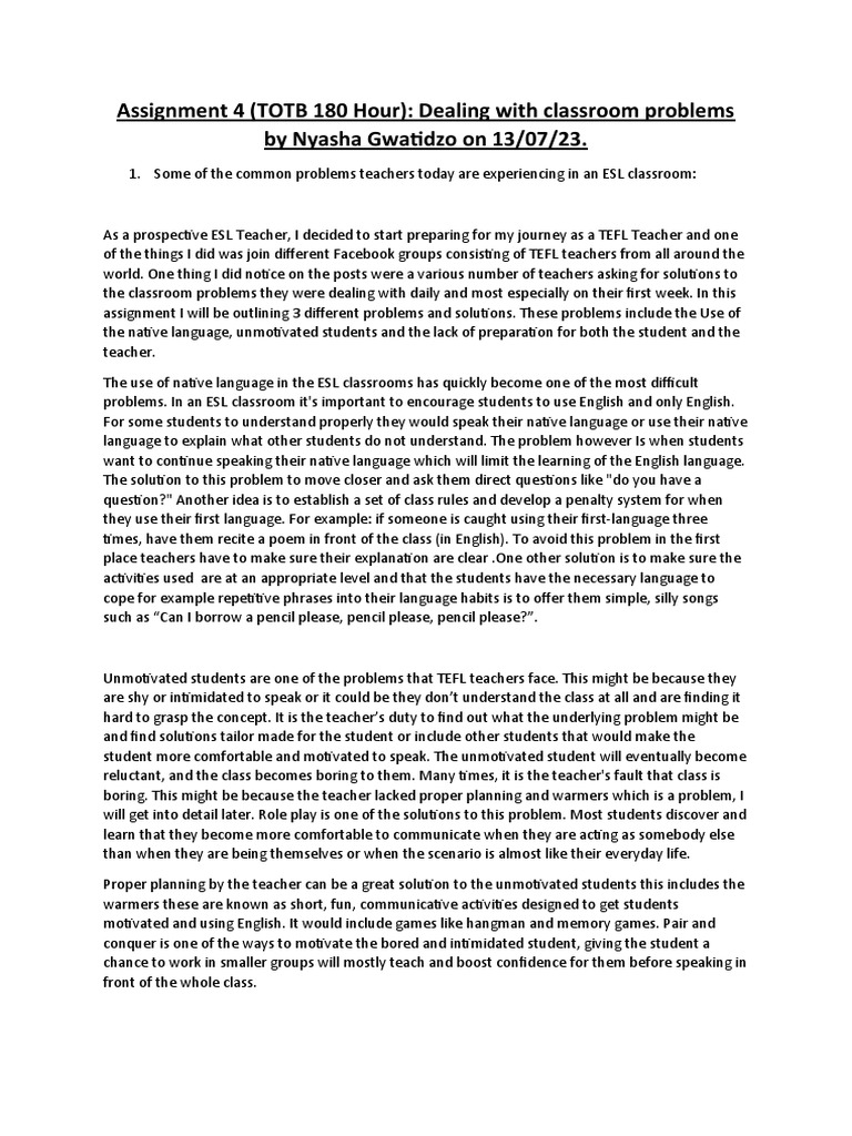 Assignment 4 Dealing With Classroom Problems (TOTB 140HOUR TEFL) | PDF | English As A Second Or ...
