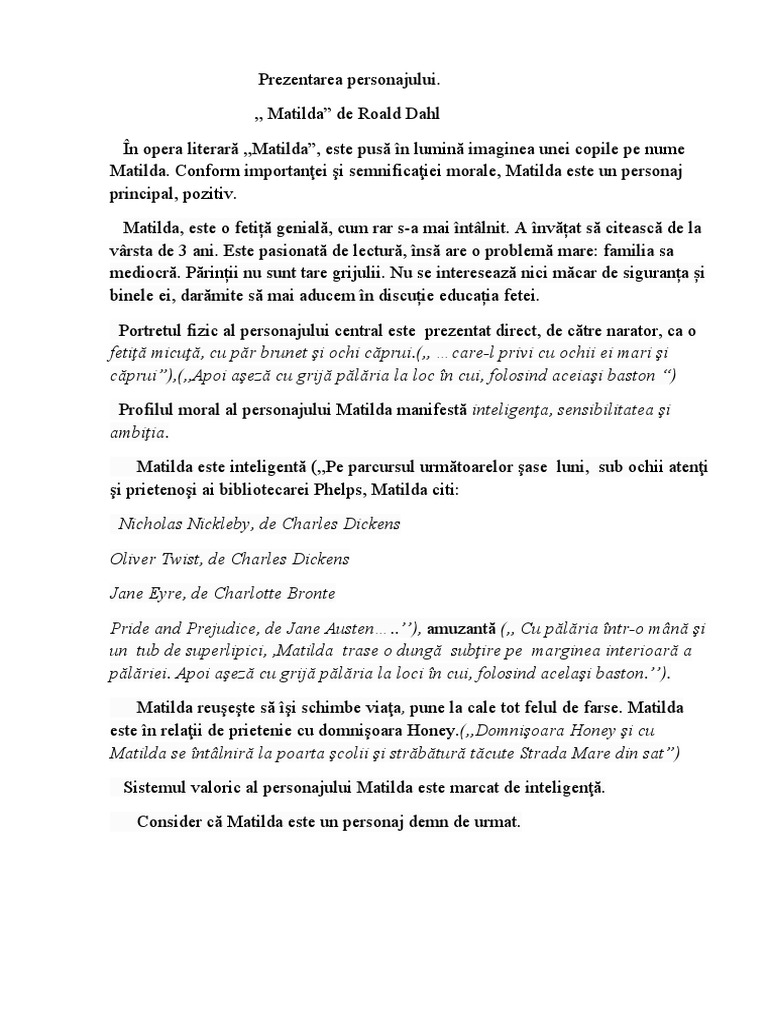 Prezentarea Personajului Matilda | PDF