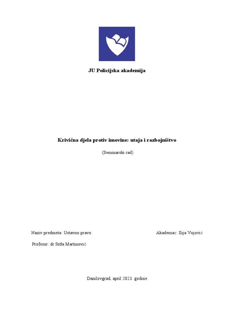 Krivicna Djela Protiv Imovine, Ilija Vujovic | PDF