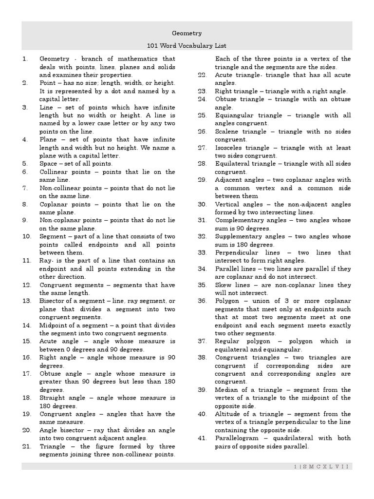 Geometry 101 Vocabulary Pdf