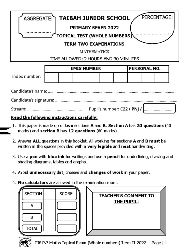 P.7 MTC Topical (Whole Numbers) | PDF