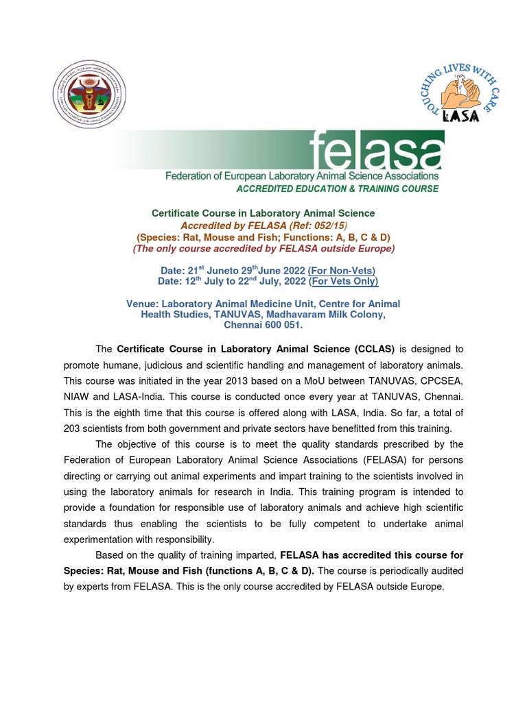 FELASA Accredited Certificate Course in Lab Animal Science 1654433749 | PDF