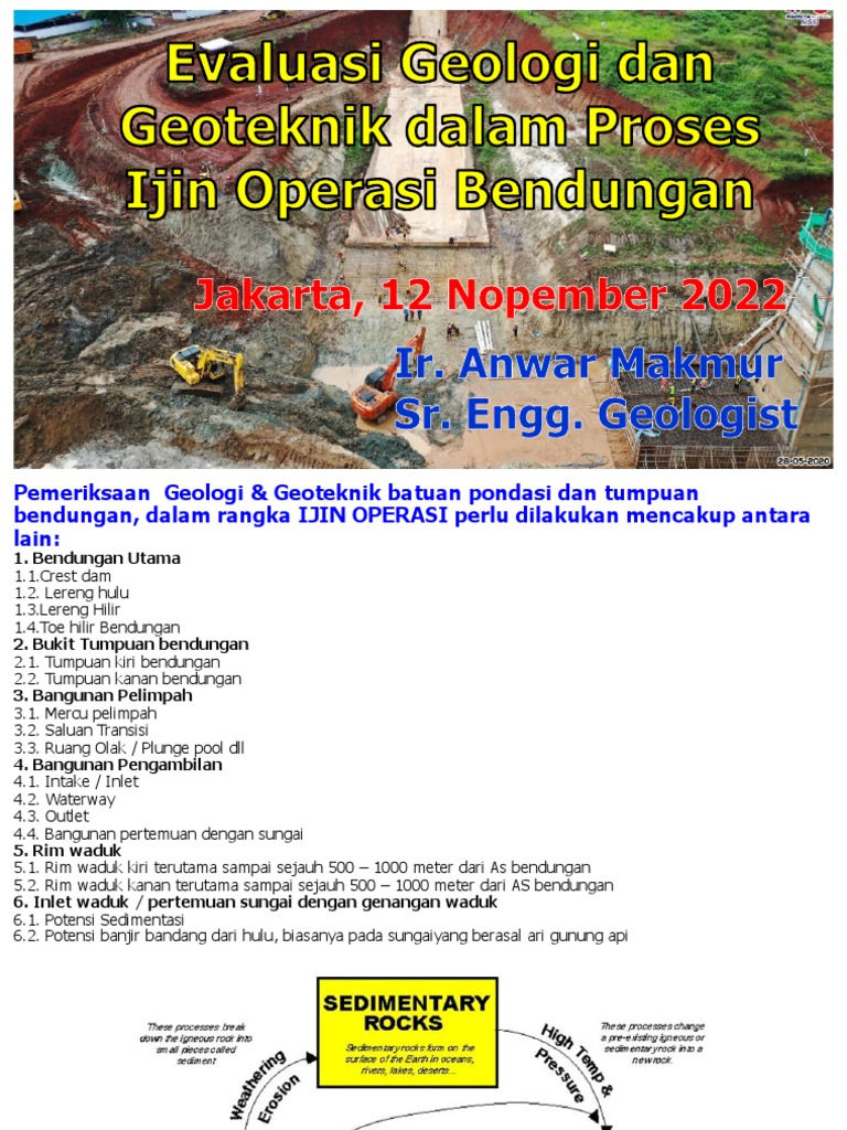 Evaluasi Geologi Dan Geoteknik Dalam Proses Ijin o & P Bendungan, Webinar 12112022 | PDF