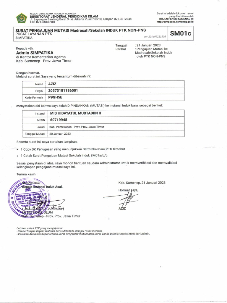 Contoh Mutasi PTK Di Simpatika Atau SM01 | PDF
